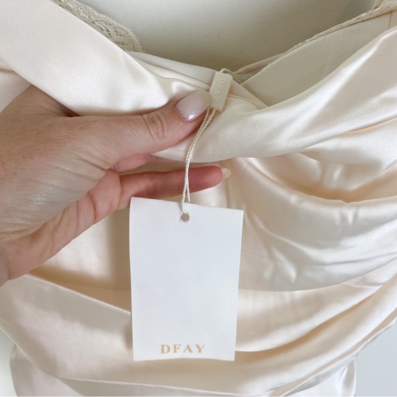 DFAY | Dresses | Dfay Lace Trim Ruched Satin Mini Dress New With Tags ...